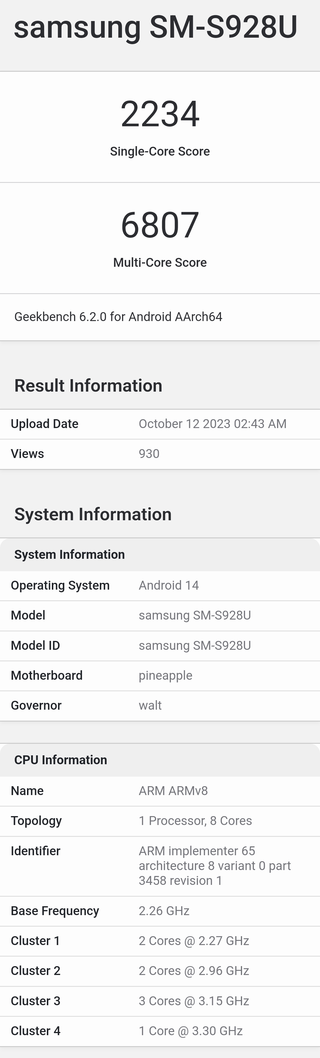 스냅드래곤 8G3 일반형, 10/17일자 긱벤치6 | 모바일 정보 게시판