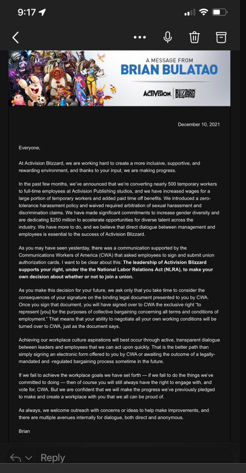 [블리자드] 노동조합 만드려는 직원들에게 "어떤 결과가 나올지 잘 생각해라" | PC 게임 정보