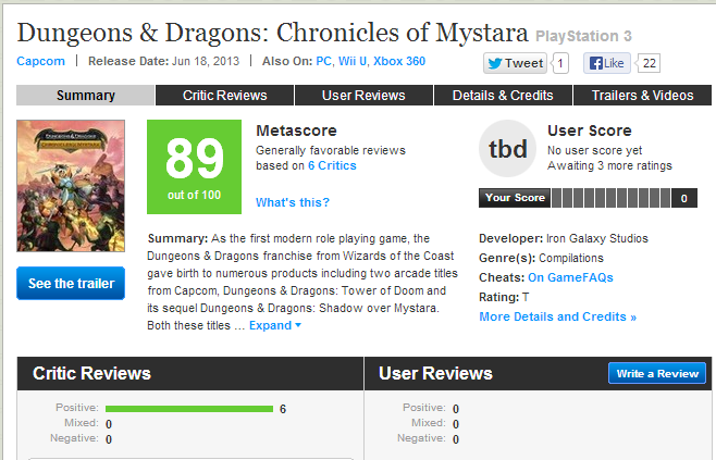 D&D:Chronicles of Mystara 메타크리틱 점수 | 플레이스테이션 정보