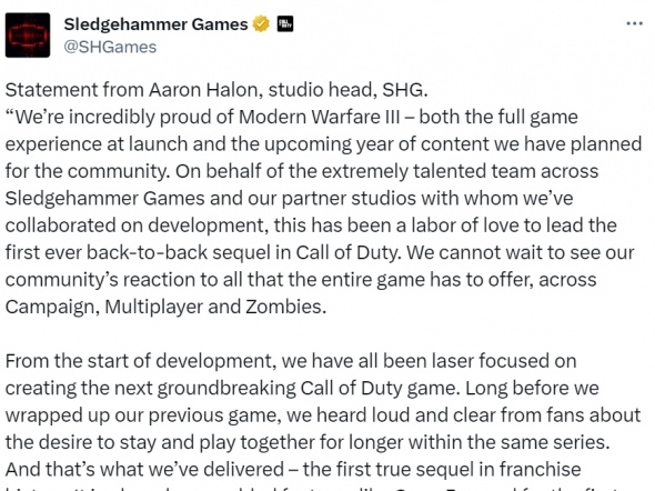 모던워페어3 슬레지해머 수장 'Aaron Halon' 메세지(블룸버그 기사 이후) | 플레이스테이션 정보